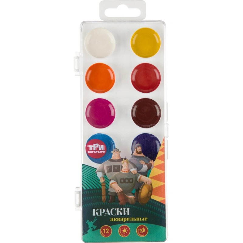 Краски акварельные Комус Три Богатыря набор 12цв, пласт уп б/кисти богатыри