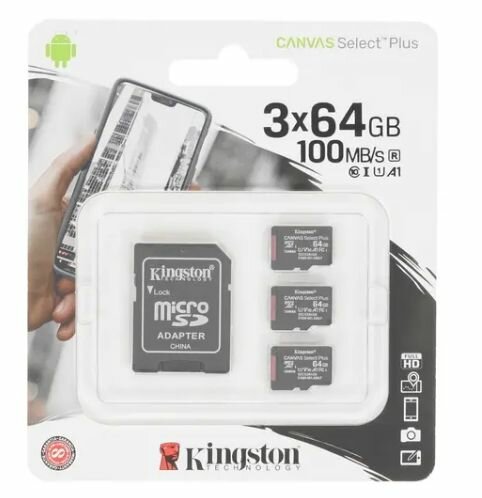 Карта памяти Kingston Canvas Select Plus microSDXC 64 ГБ (SDCS2/64GB-3P1A) - A1, Сlass 10, UHS Class 1, Video Class 10, запись - 85 Мбайт/сек, чтение - 100 Мбайт/сек