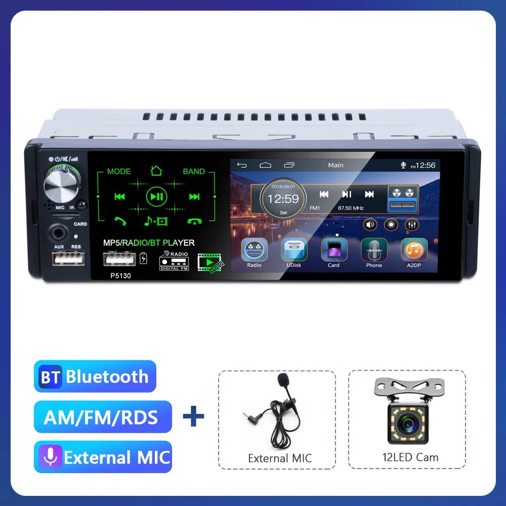 Podofo 4,1 "сенсорный экран 1 Din автомобильный радиоприемник Bluetooth авторадио RDS FM USB AUX MP3 MP5 видеоплеер стерео управление рулевым колесом, With 12 LED Camera