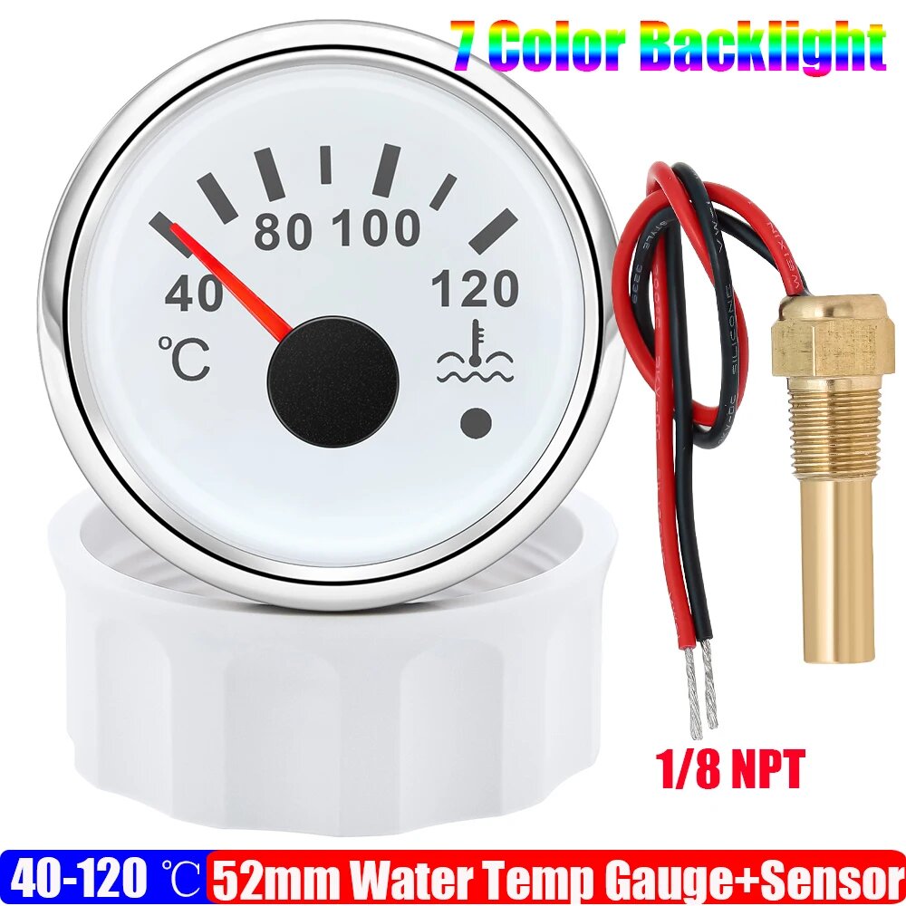 Измеритель температуры воды на заказ, 40-120 ℃, с датчиком, 7 цветов, Флюоресцентный измеритель температуры воды 52 мм с сигнализацией для авто, автомобиля, лодки, яхты, 12 В, 24 В, WS 1-8NPT