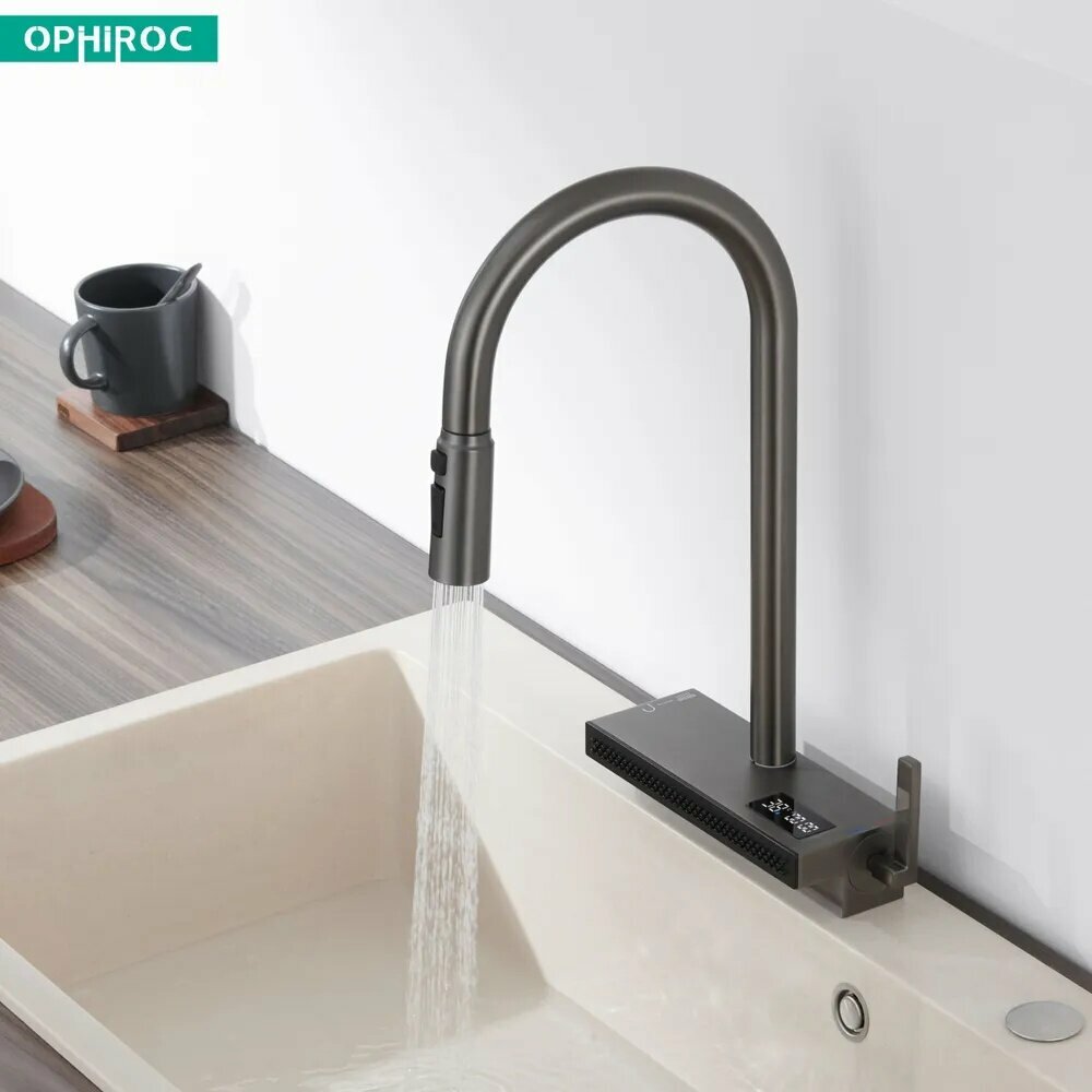 Смеситель для кухни OPHIROC, Кухонный смеситель с водопадом, Индикатор температуры,59A латунь,803-G, серый