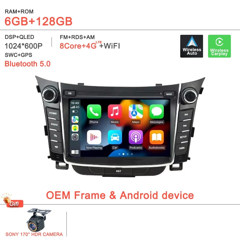 Мультимедийное радио Android 14 для Hyundai I30 Elantra GT 2012-2017, плеер, GPS-навигация, DVD, без 2DIN, головное устройство, экран QLED 6-128G CAM