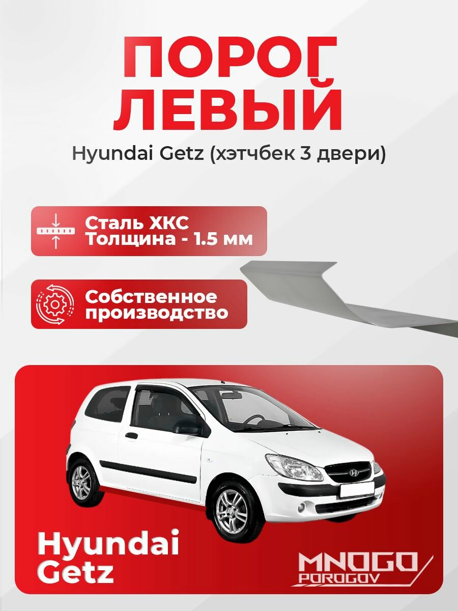 Левый порог на Hyundai Hyundai Getz 2002-2011 хетчбэк 3 двери, холоднокатаная сталь, толщина 1.5 мм (Гетц 1), левая сторона, кузовной ремонт.