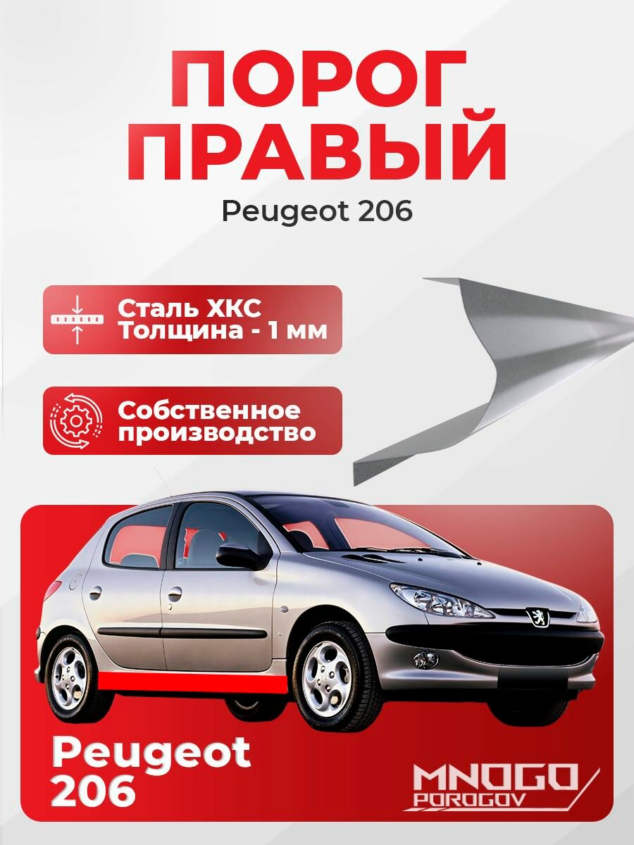 Правый порог на Peugeot 206 хетчбэк 5 дверей 1998-2012 холоднокатаная сталь, толщина 1 мм (Пежо 206), правая сторона, кузовной ремонт.