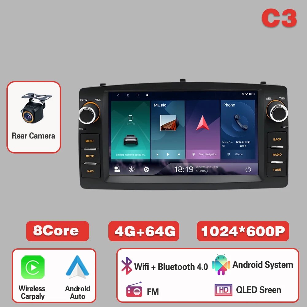 Автомагнитола Android 8Core 4G+64G 1024*600P с Carplay, Bluetooth 4.0, FM, AHD