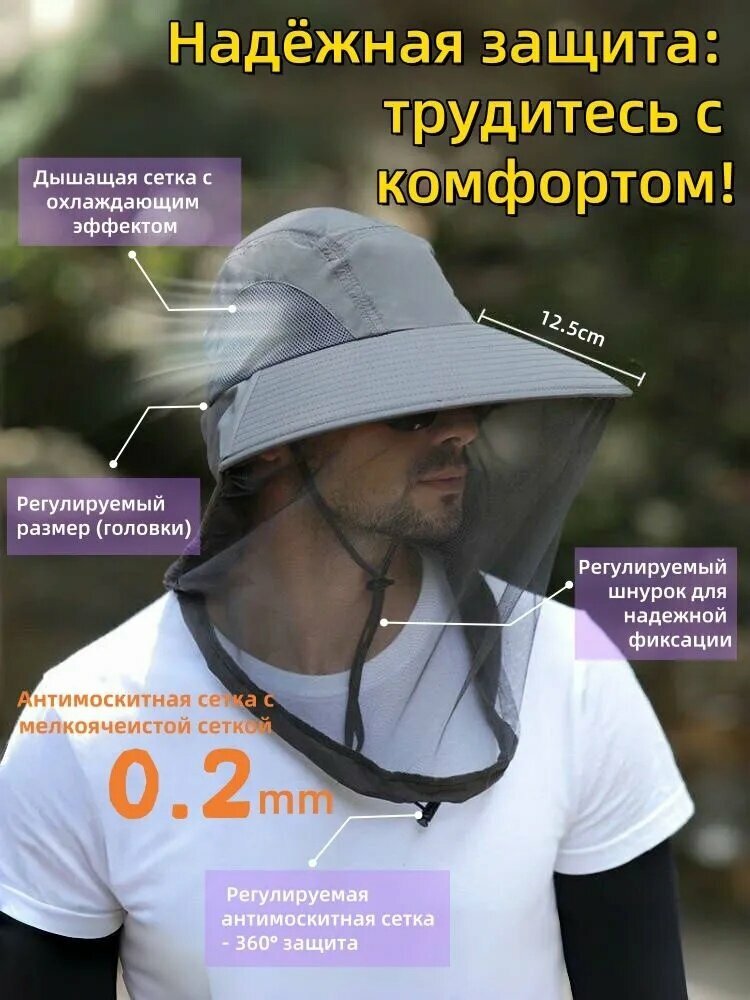 Панама с москитной сеткой от насекомых / Накомарник, Для рыбалки, походов и отдыха на природе.