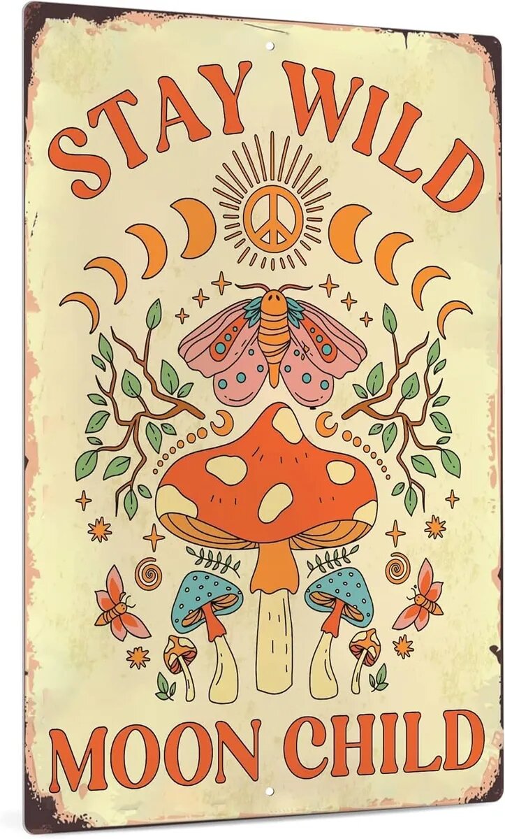 Винтажный металлический знак 20x30 см "Stay Wild Moon Child". Грибы. Декор для дома, ванной.
