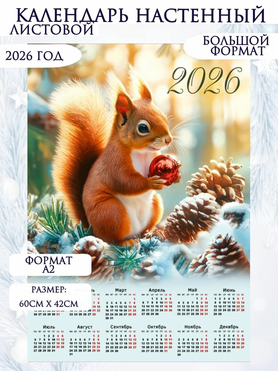 Календарь 2026 г на стену, Листовой, 40 x 60 см, А2, настенный, плакат, Белка и елочная игрушка в снегу / Белочка в зимнем лесу и шишки / С новым годом, 20 шт.