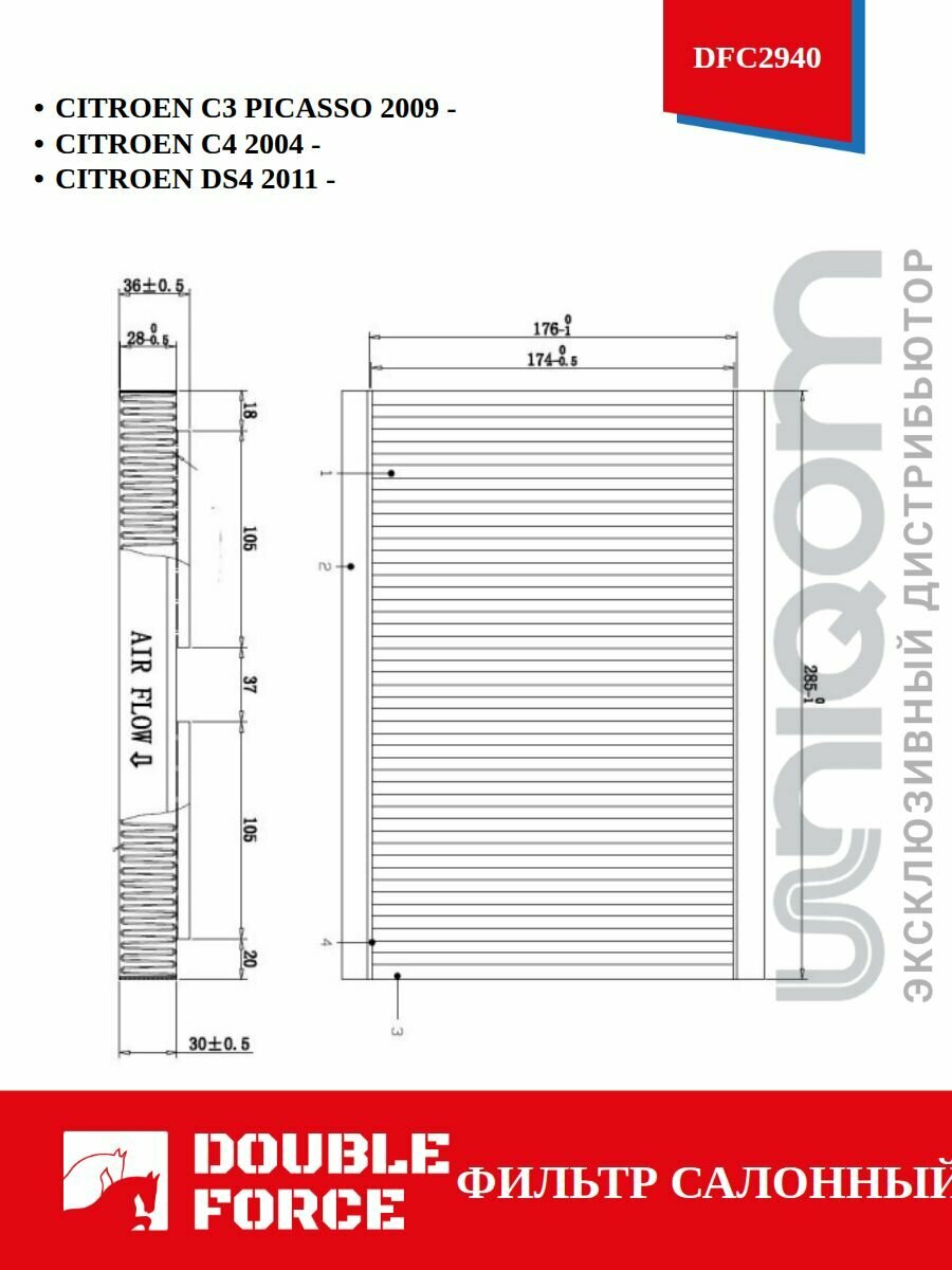 Фильтр салонный CITROEN C4 C3 PICASSO DS4 PEUGEOT 308 307 408 DOUBLE FORCE DFC2940