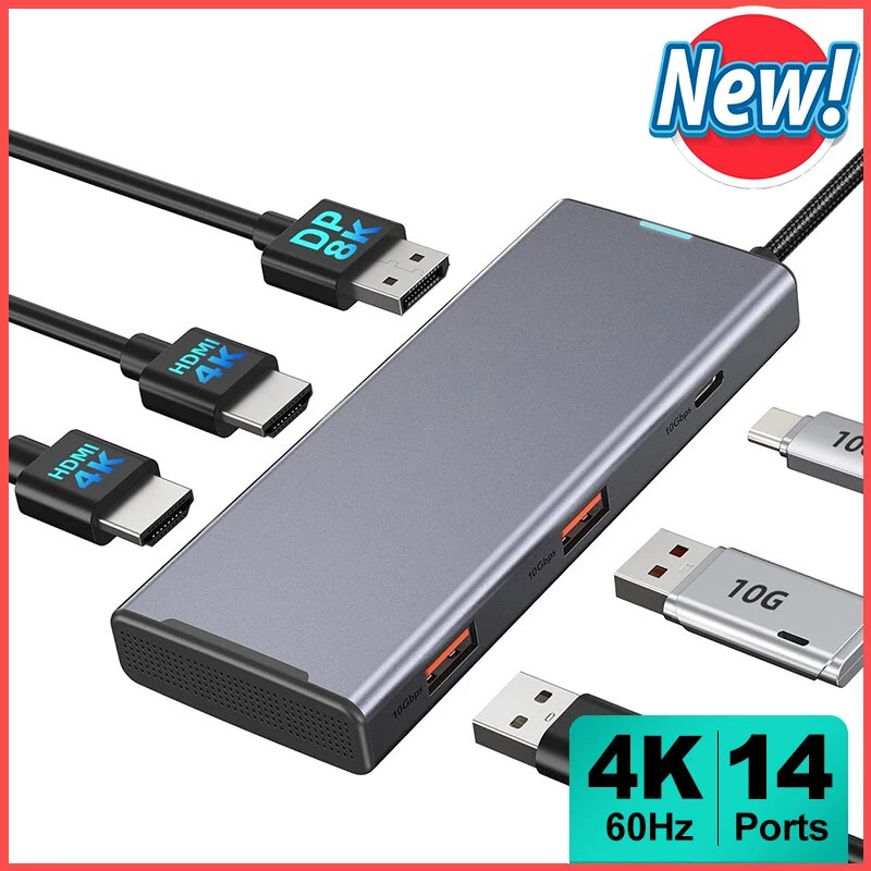 Док-станция ocking 3 монитора, док-станция 7 в 1 с двойным HDMI 4K @ 60 Гц и одним дисплеем (8K @ 30 Гц/4K @ 144 Гц), 100 Вт PD