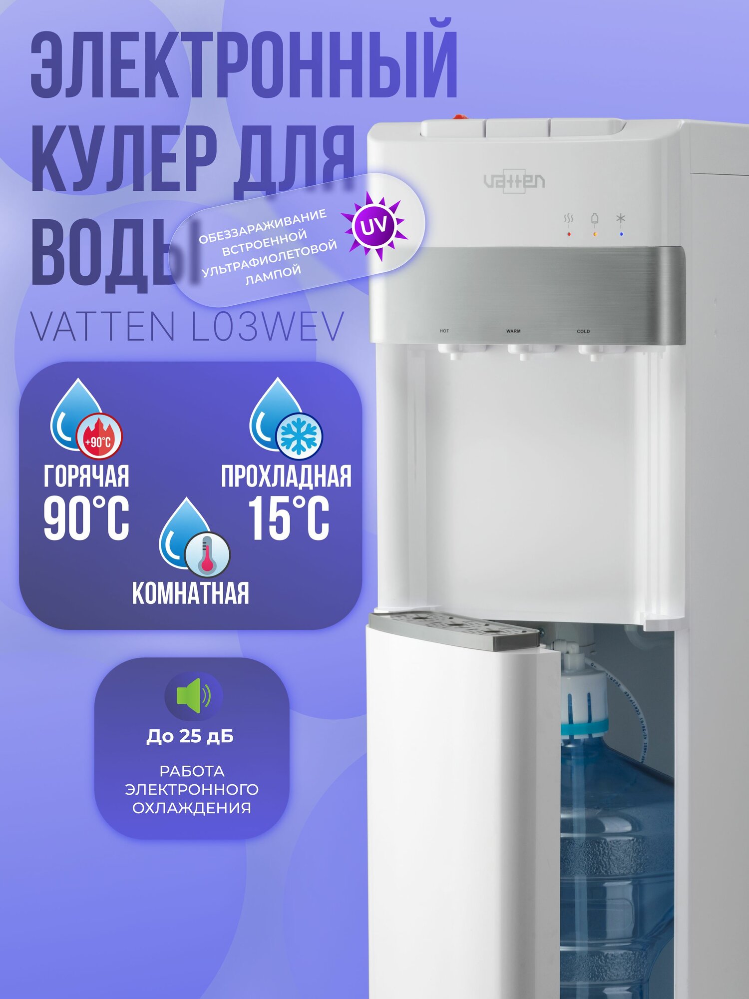 Электронный кулер для воды, напольный диспенсер для воды VATTEN L03WEV c УФ лампой, электронное охлаждение, нижняя загрузка