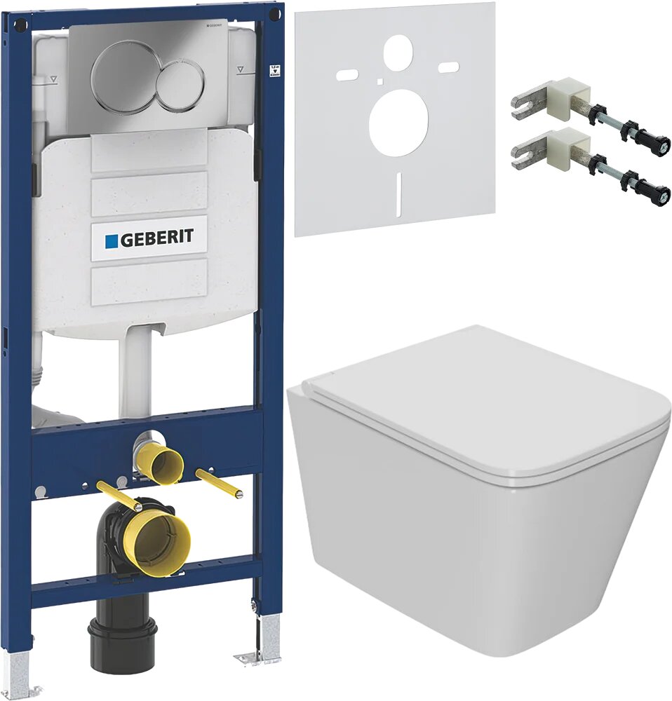 Комплект Унитаз подвесной Bauedge Bau Stil Hurricane-2 белый, безободковый, с микролифтом / Инсталляция Geberit Duofix UP 320 111.300.00.5 / Кнопка Sigma хром, Шумоизоляция