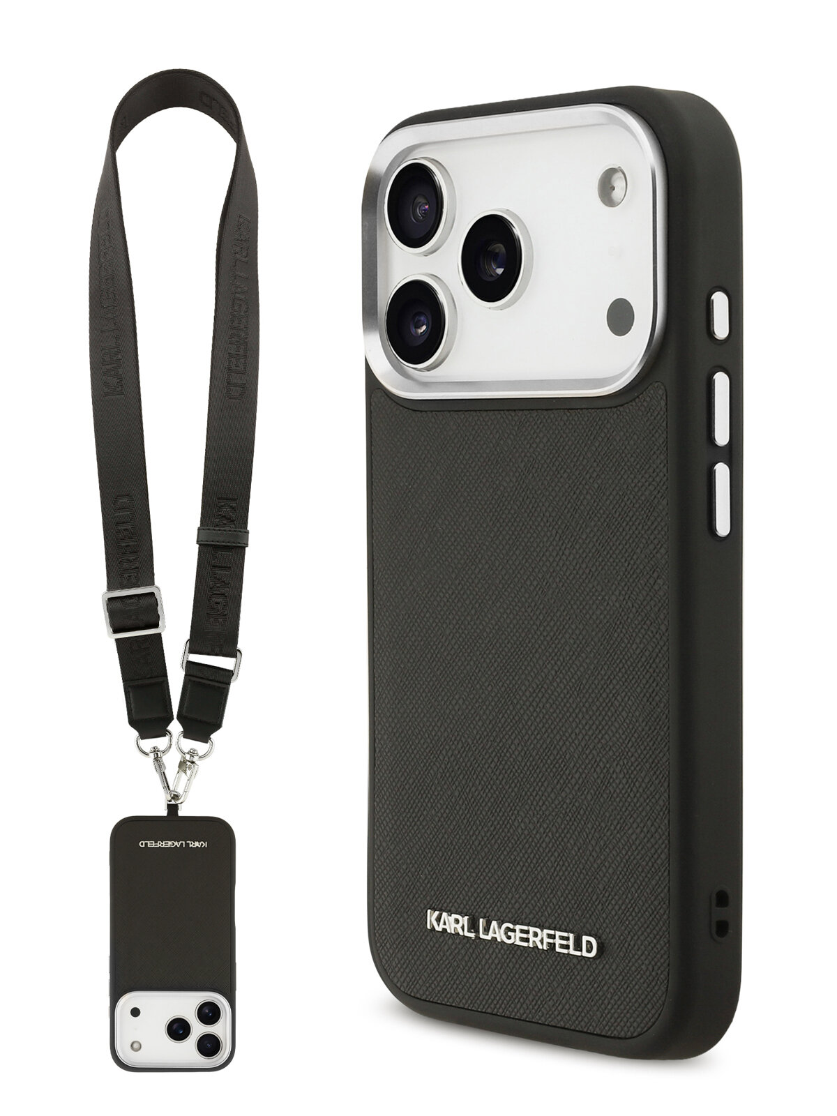 Чехол Karl Lagerfeld на iPhone 17 Pro Max, с магнитами MagSafe, кросс-боди с ремешком, из экокожи PU Saffiano, черный