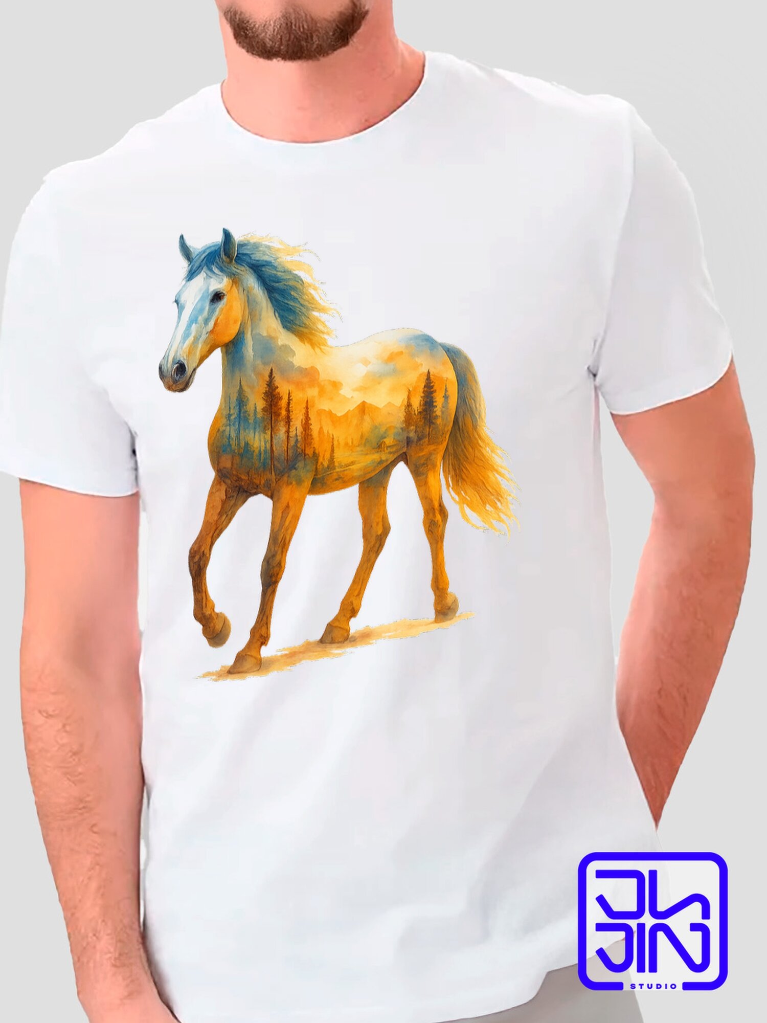 Футболка классическая мужская с авторским принтом Выразительная оранжевая лошадь в желтых горах и таинственном лесу, белый хлопковый трикотаж с прикольным рисунком на груди