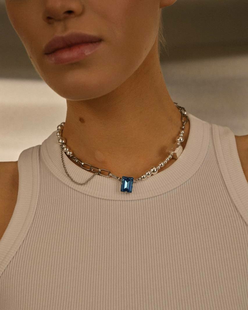 Колье Leo Lee, гематит, кристаллы Swarovski, пирит, длина 38 см, голубой — фото 1