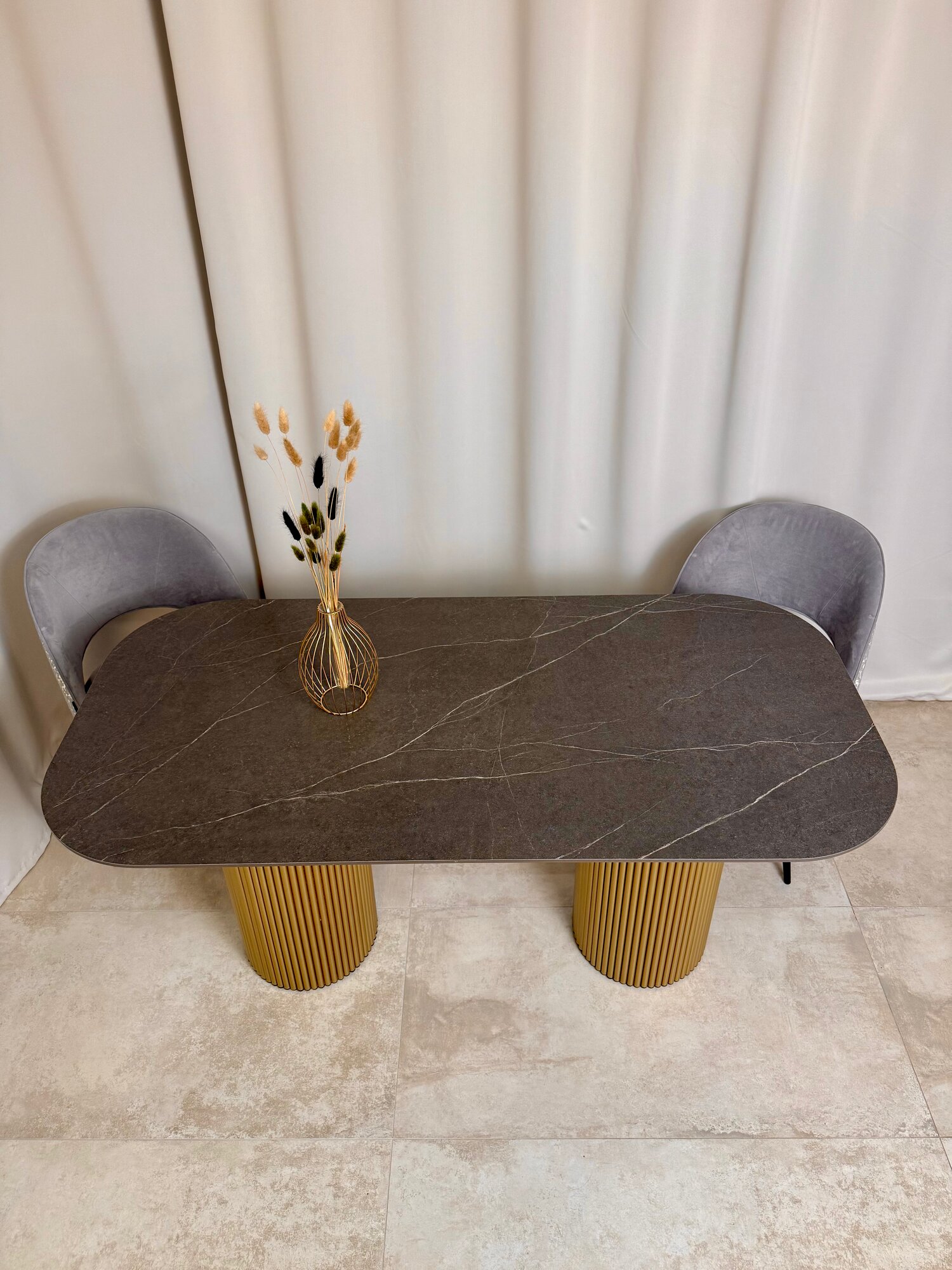 Стол кухонный Mesa design Torre 160x80 см, керамогранит, темно-серый с прожилками/золото, подстолье металл