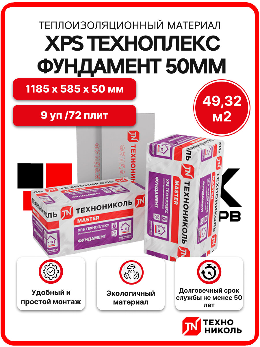 Технониколь XPS Техноплекс Фундамент 50 мм (9уп/ 49,32 м2 / 72 плит) утеплитель из пенополистирола для стен, крыши, пола