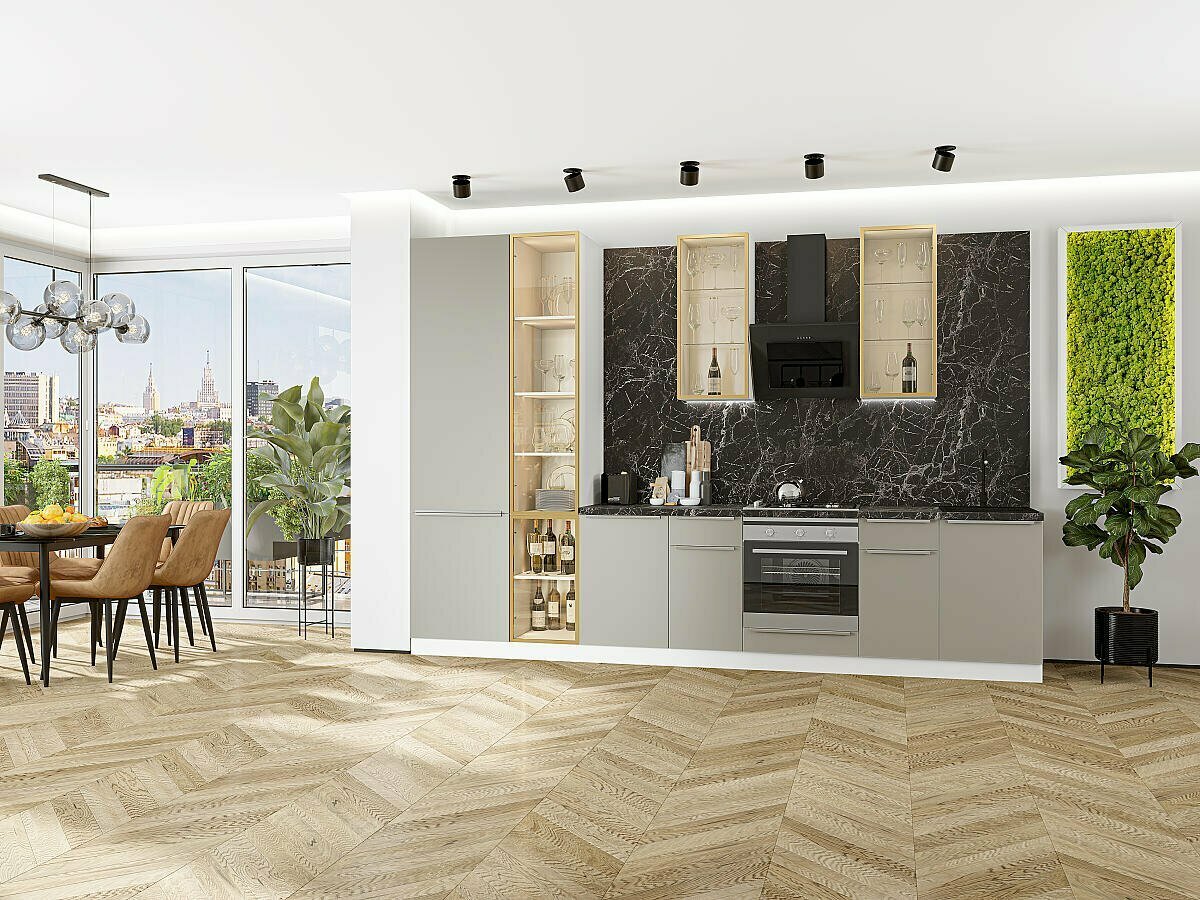 Кухонный гарнитур 3,4 м Мебель-МСК Фьюжн-08, полки стекло, Silky Grey 234х340х60 см