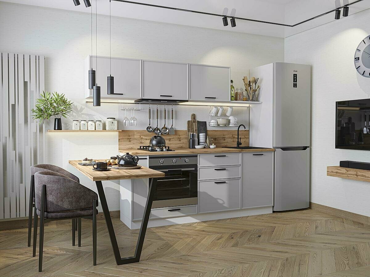 Кухонный гарнитур Фабрика мебели VIVAT "Фрейм", ЛДСП, МДФ, Grey Silk, Белый