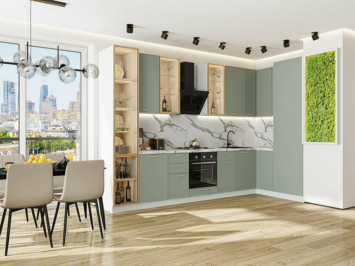 Кухня 3,4 м. Квадро-04 полки стекло Готовый кухонный гарнитур 2340*3400-1600*600 Аквамарин