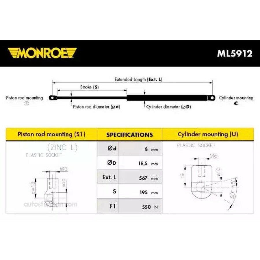 MONROE ML5912 Амортизатор крышки багажника левый/правый. KIA: SPORTAGE (JE/KM) 2.0i 16V/2.0CRDi/2.7i V6/4WD 09/04-05/10