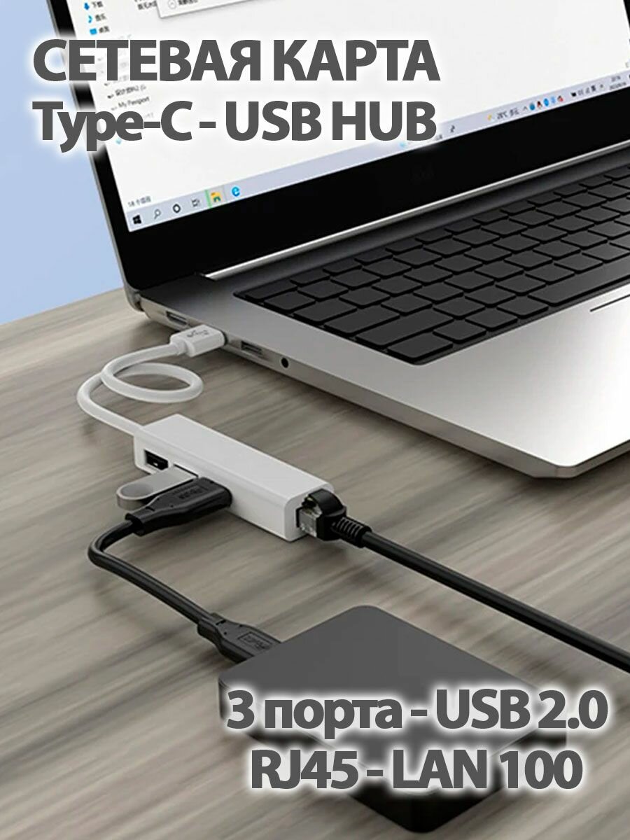 Сетевая карта/адаптер Type-C + USB HUB 3xUSB2.0-LAN100 — фото 1