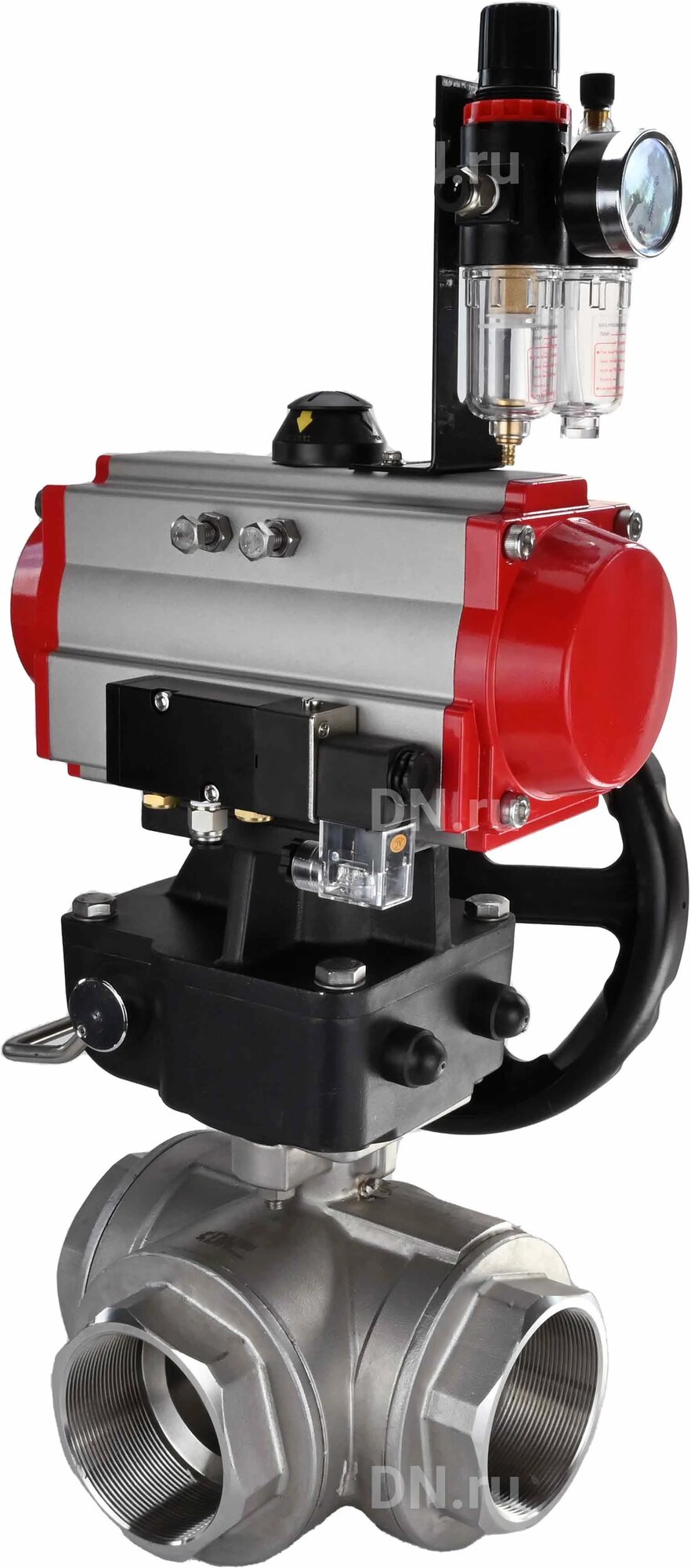 Кран шаровой DN.ru RP. SS316.200. MM.065-ISO Ду65 Ру40 стандартнопроходной трехходовой L-тип, нержавеющая сталь SS316, внутренняя резьба, уплотнение PTFE, с ISO-фланцем, пневмоприводом DA-083, пневмораспределителем 24VDC, ручным дублером HDM-2, БПВ
