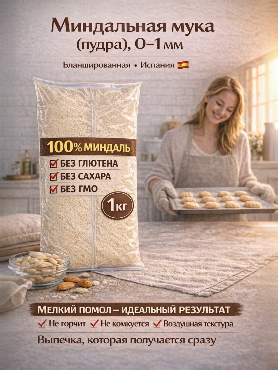 Миндальная мука без глютена для выпечки мелкого помола из бланшированного миндаля 1 кг, Испания