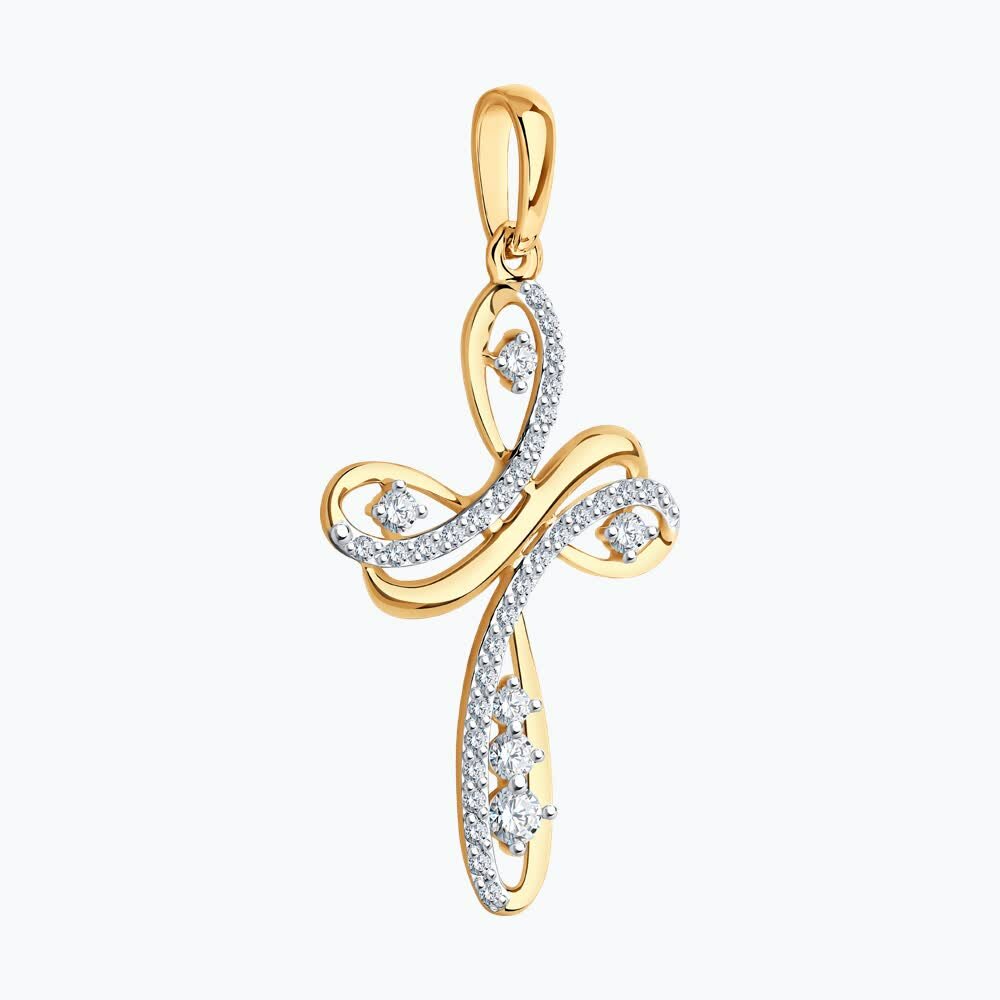 Крестик, красное золото, 585 проба, родирование, фианит