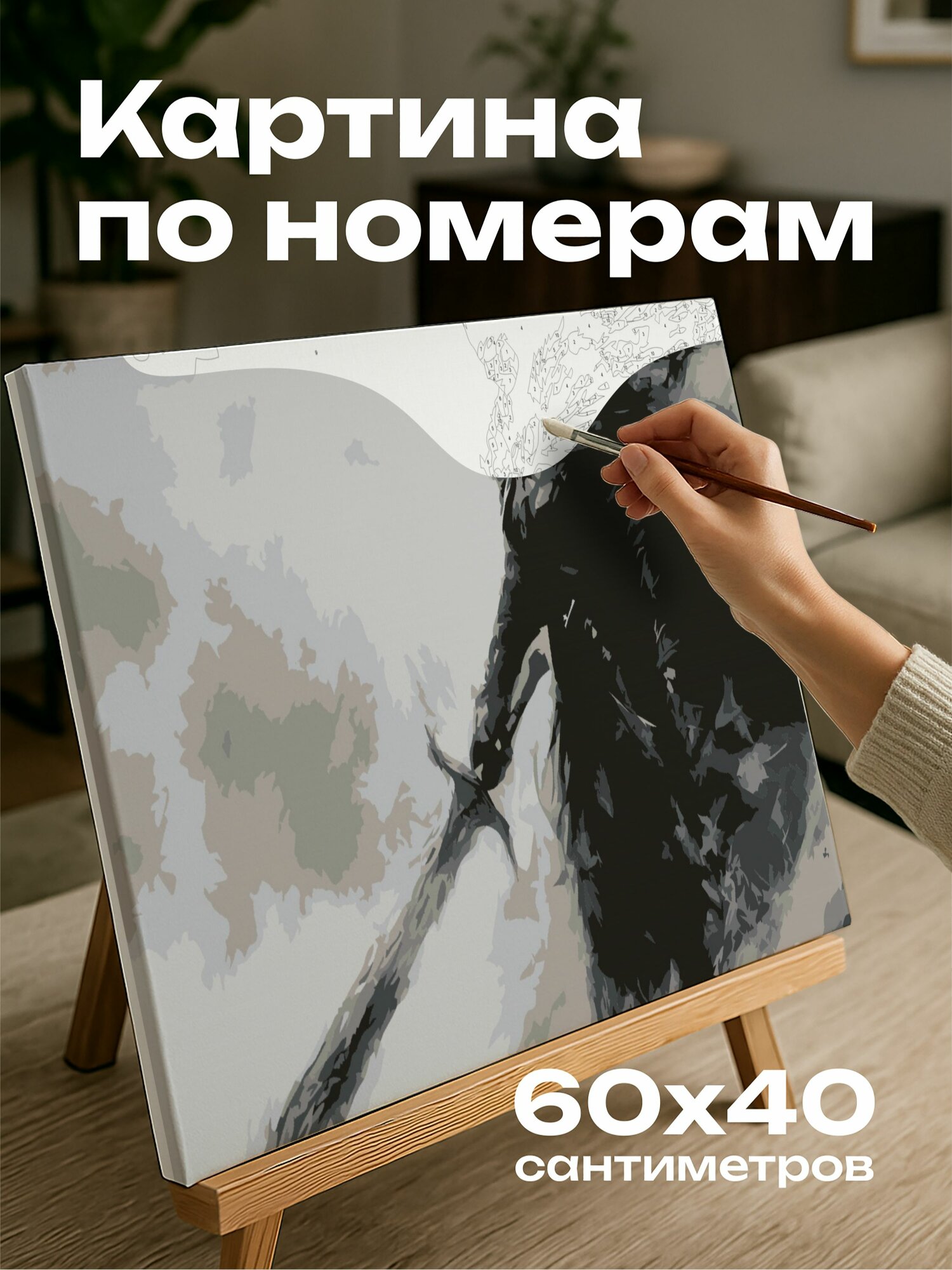 Картина по номерам 60x40 см, уголь, скандинавская богиня Хель, монохромная, неземное присутствие, пустынное царство