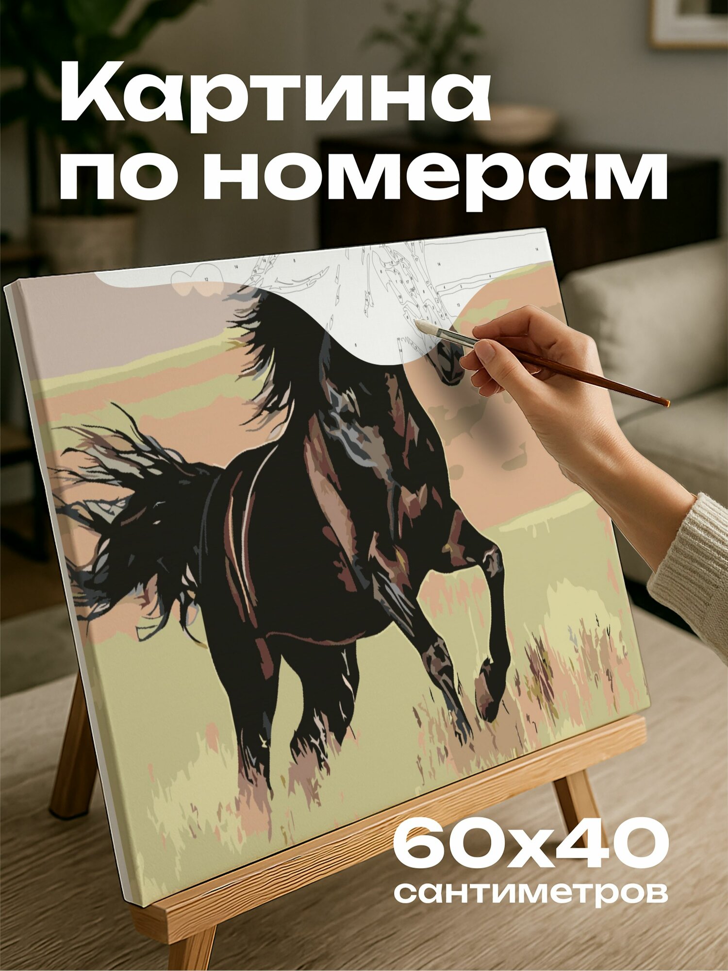 Картина по номерам 60x40 см, жеребец, галоп, луг, солнце, грива, хвост, ветер, дикая красота, свобода, фотография