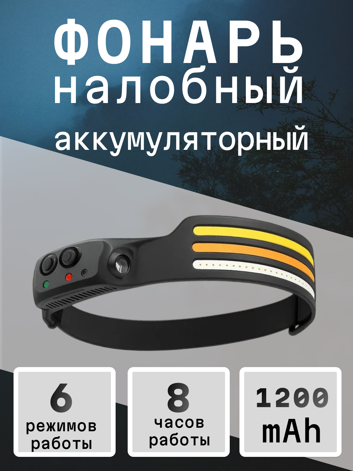 Фонарь налобный аккумуляторный светодиодный туристический для рыбалки 6 режимов сенсорное управление