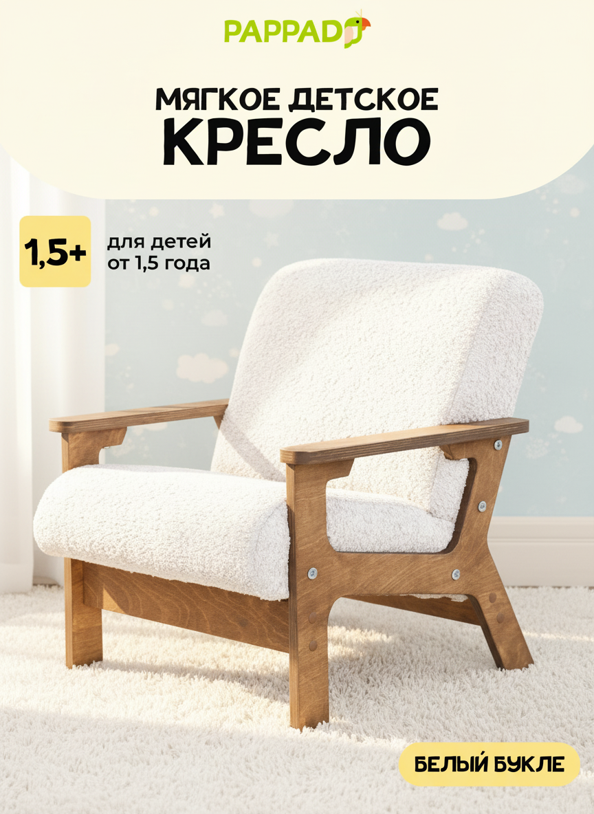 Мягкое детское кресло "ретро" от "PAPPADO" для дома и гостиной, обивка белое букле