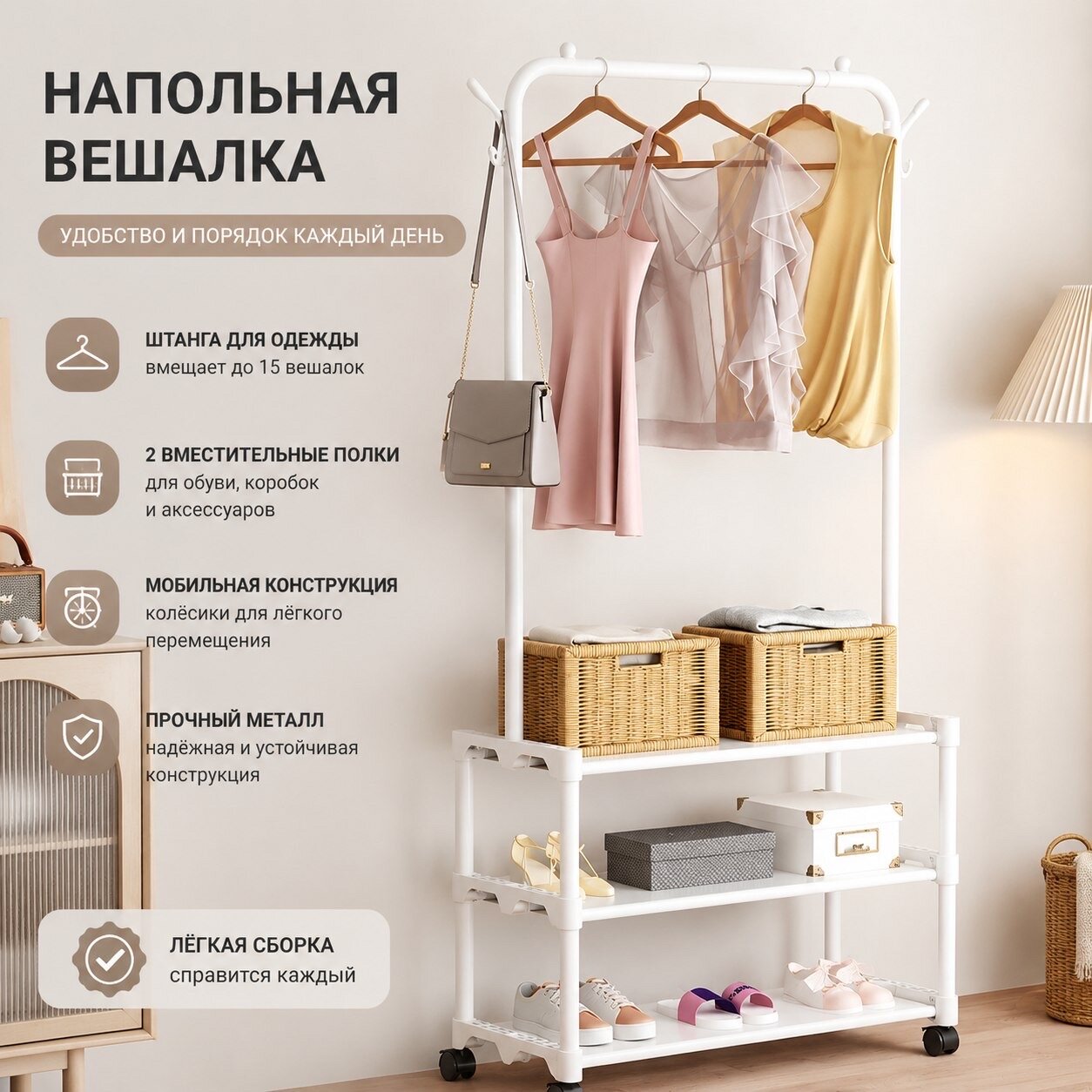 Вешалка напольная для одежды на колесиках, с 3 полками для обуви, белая