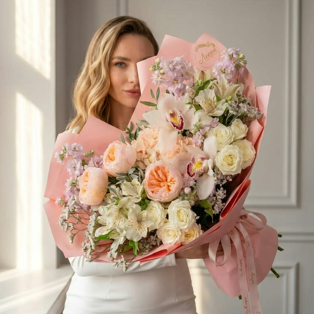 Букет из премиальной пионовидной розы Джульетта. Авторский букет 5113. Leoraflowers