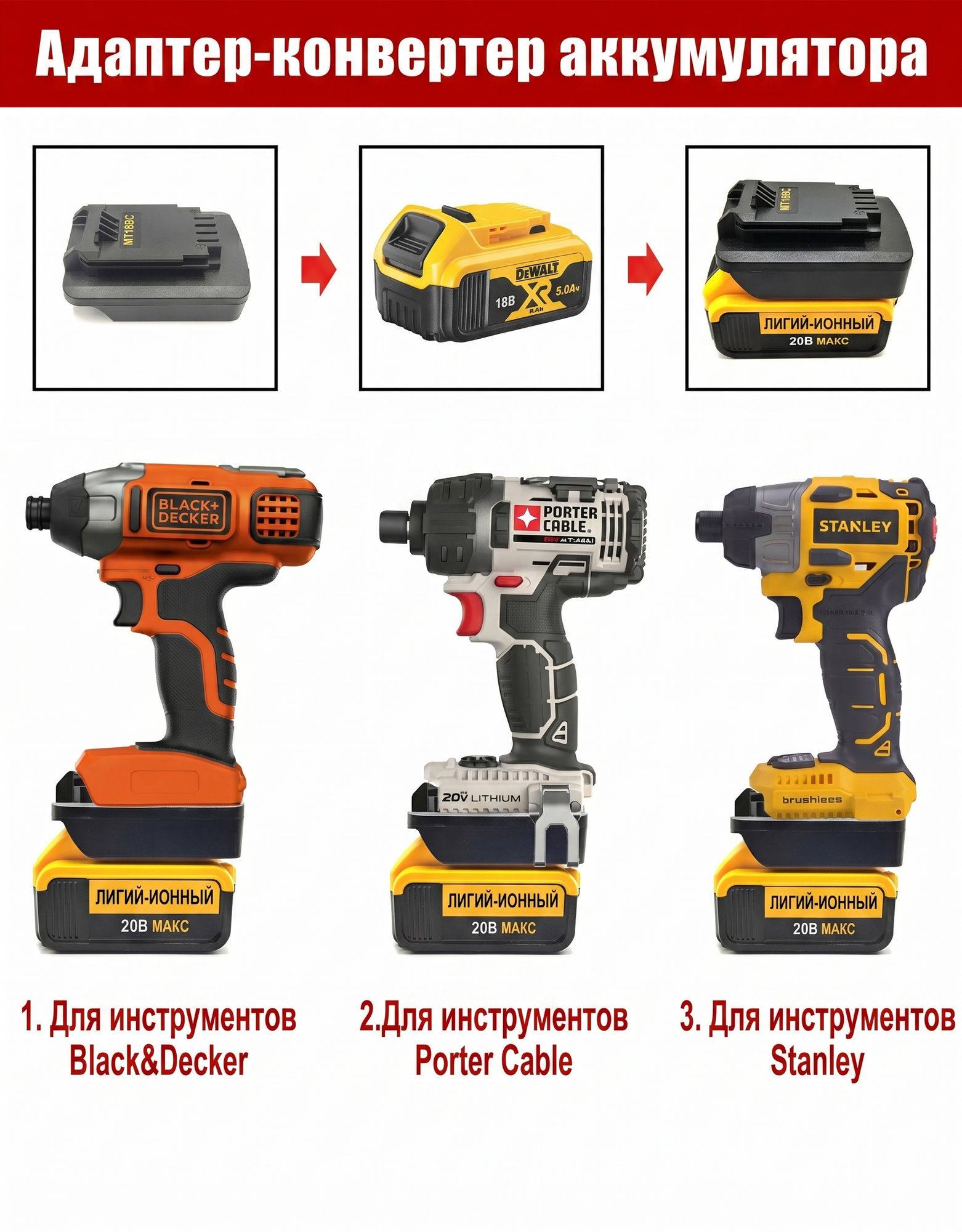 Адаптер DW20BPS для аккумуляторов Dewalt 20 В, предназначенный для инструментов Black&Decker/Porter-Cable 18/20В