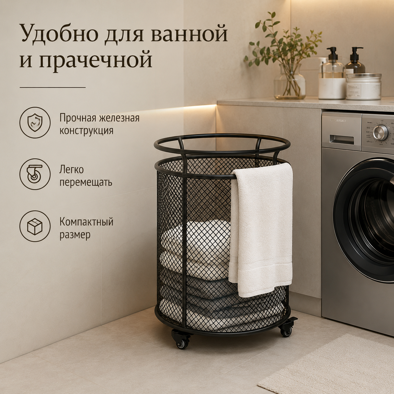 Корзина для белья металлическая, черная, сетчатая, на колесиках, 36х53 см
