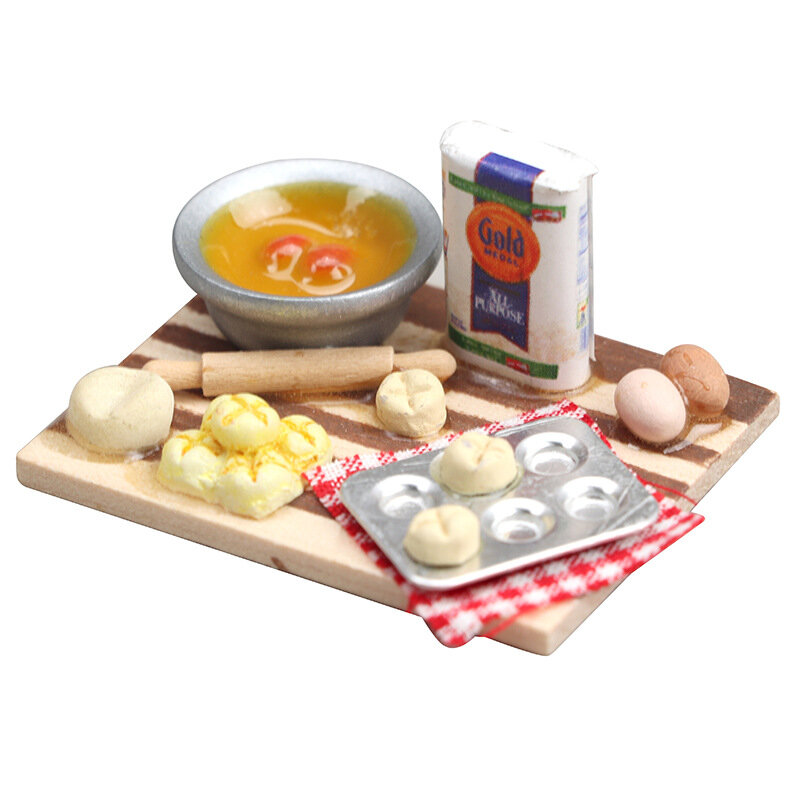 Миниатюрный набор для выпечки хлеба для кукольного домика, деревянная столешница в масштабе 1:12 с скалкой, миской, противнем, мукой, яйцами и тестом, аксессуары для ролевых игр в приготовление пищи для кукольного домика 1/12, 5x3,8x2,2 см