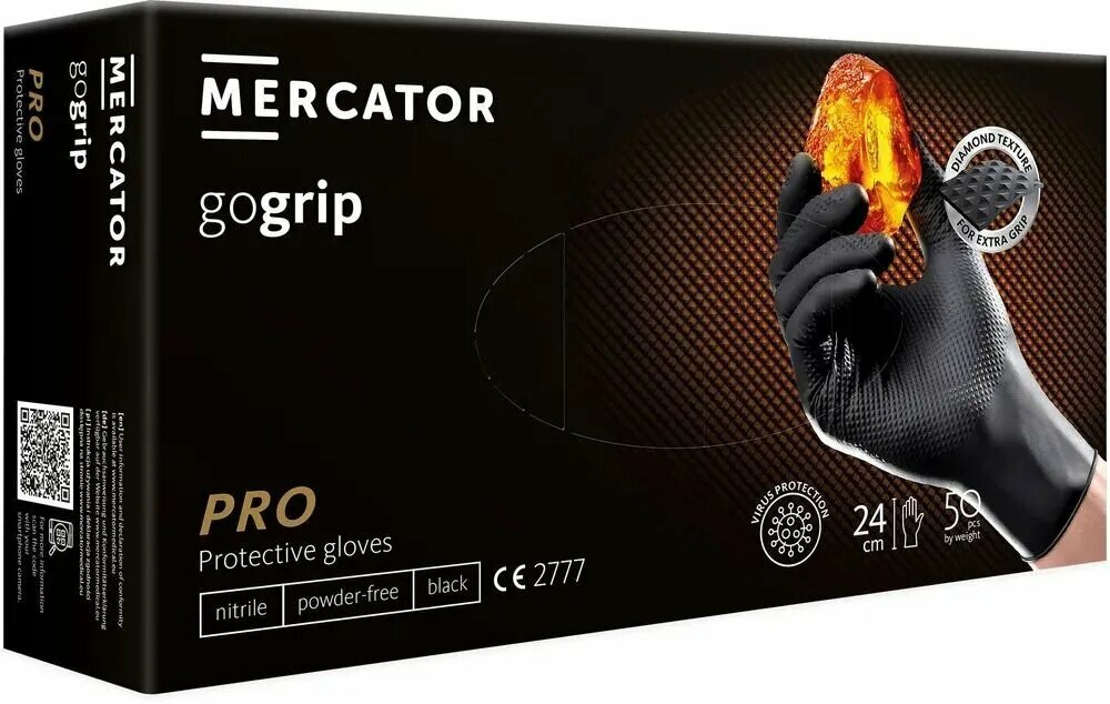 Перчатки особо прочные нитриловые размер М, Меркатор/Mercator GoGrip, защитные черные, 25 пар/50 штук
