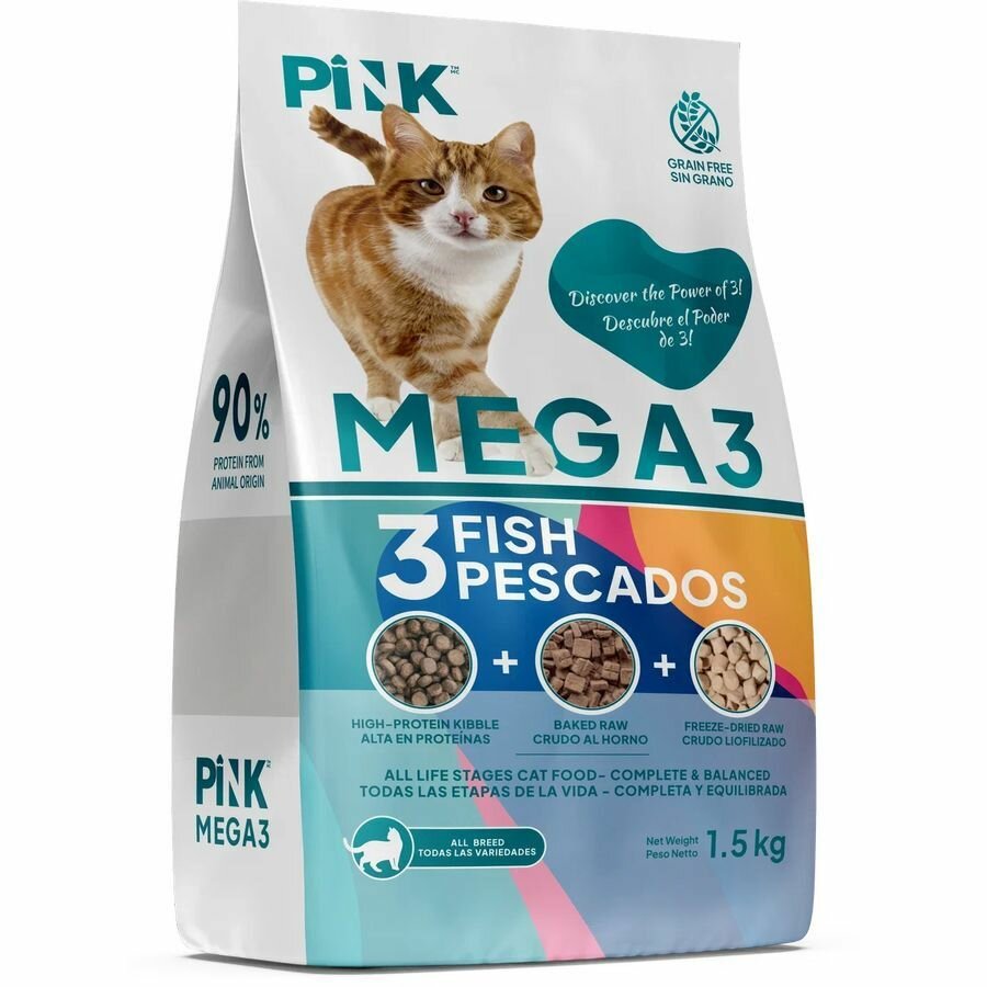 Корм сухой PINK MEGA 3 для кошек всех пород, Лосось с треской, 3 гранулы, беззерновой, 1.5 кг