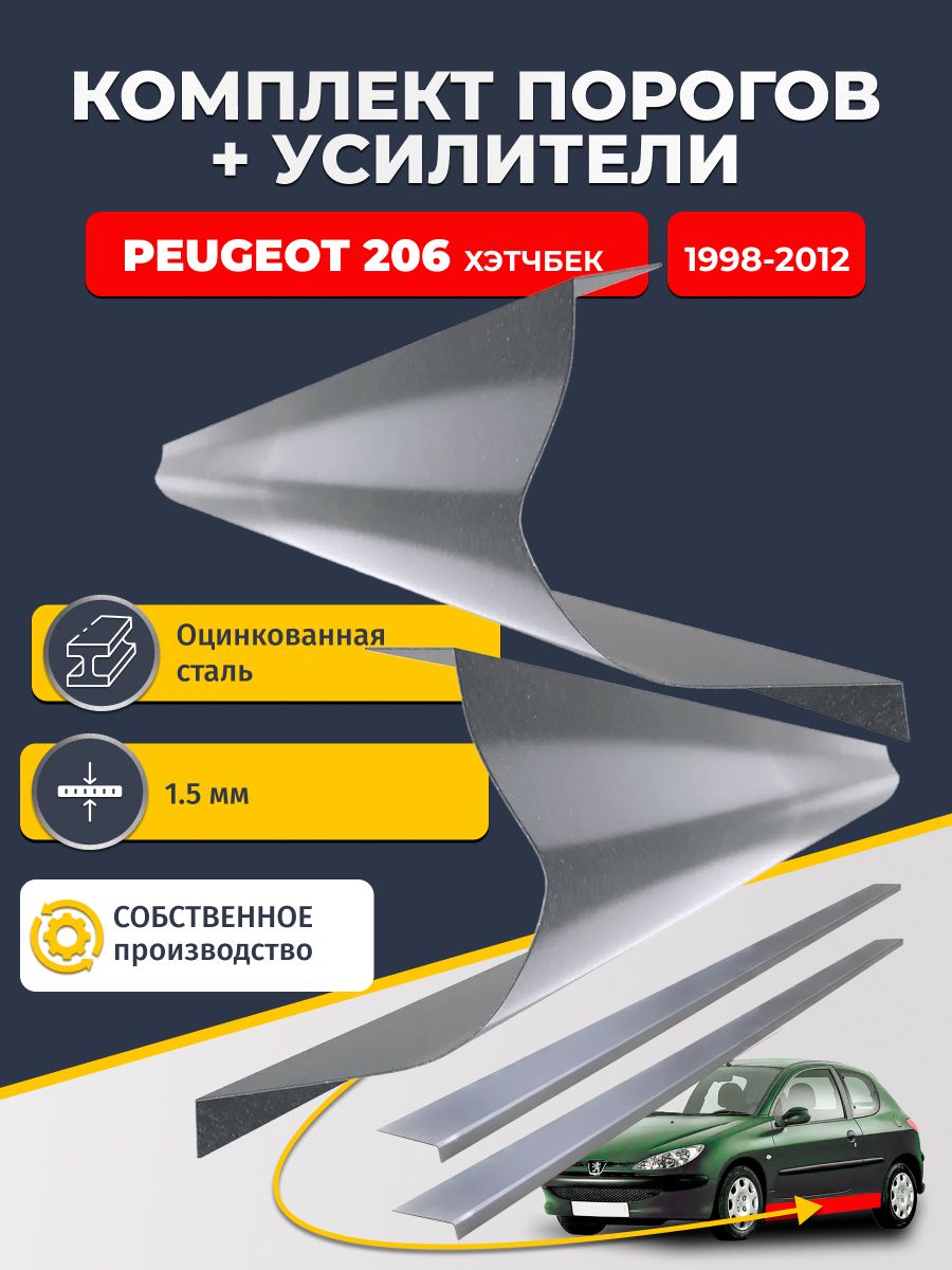 Ремонтные пороги комплект (2 шт.) и усилители (2 шт.), для Peugeot 206 1998-2012 Хэтчбек 3 двери, оцинкованная сталь 1.5 мм. (Пежо 206), пороги и усилители. Кузовной ремонт.