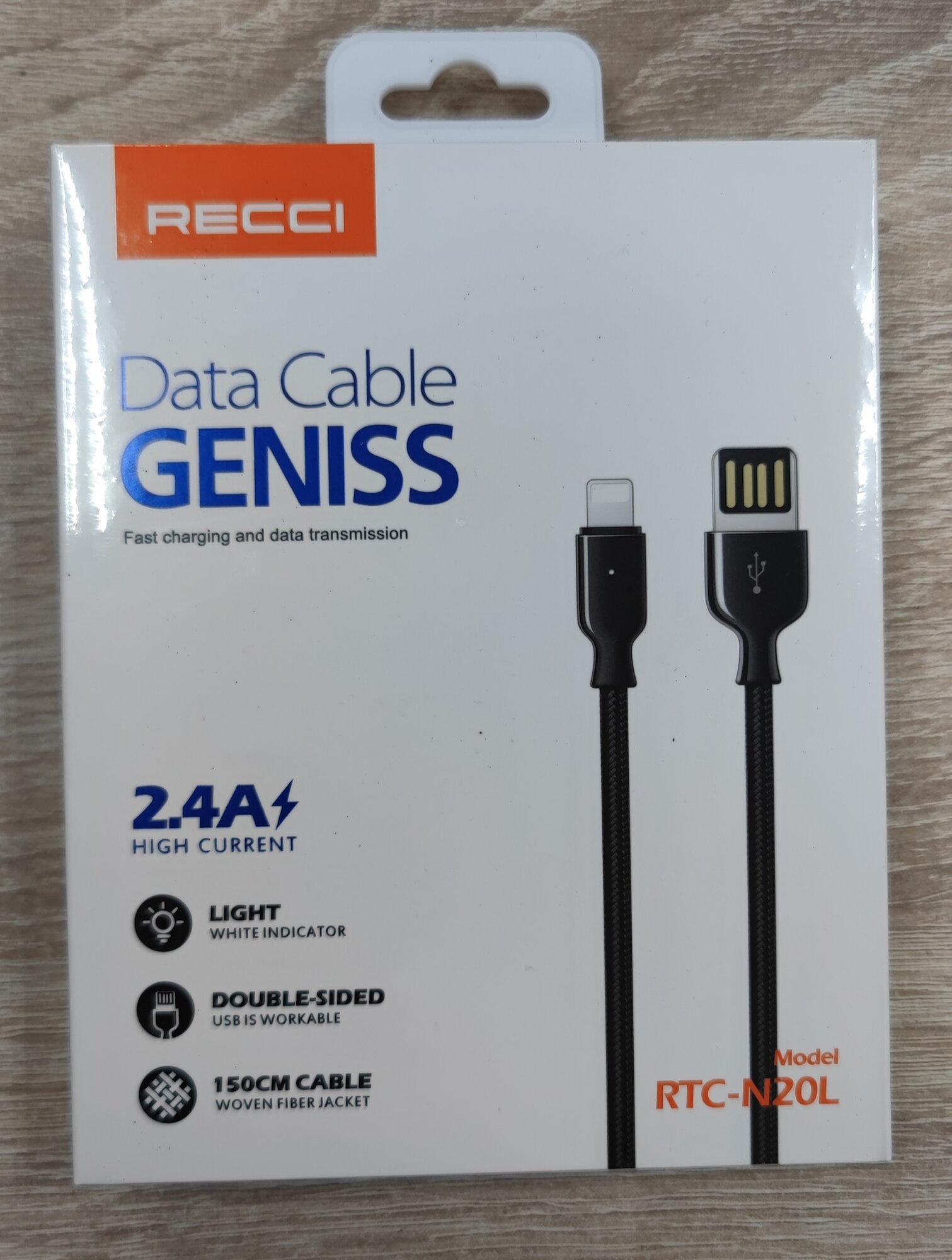 Кабель для зарядки и передачи данных Recci Geniss Double-Sided, USB to Lightning, 2.4А, 150 cм, Черный