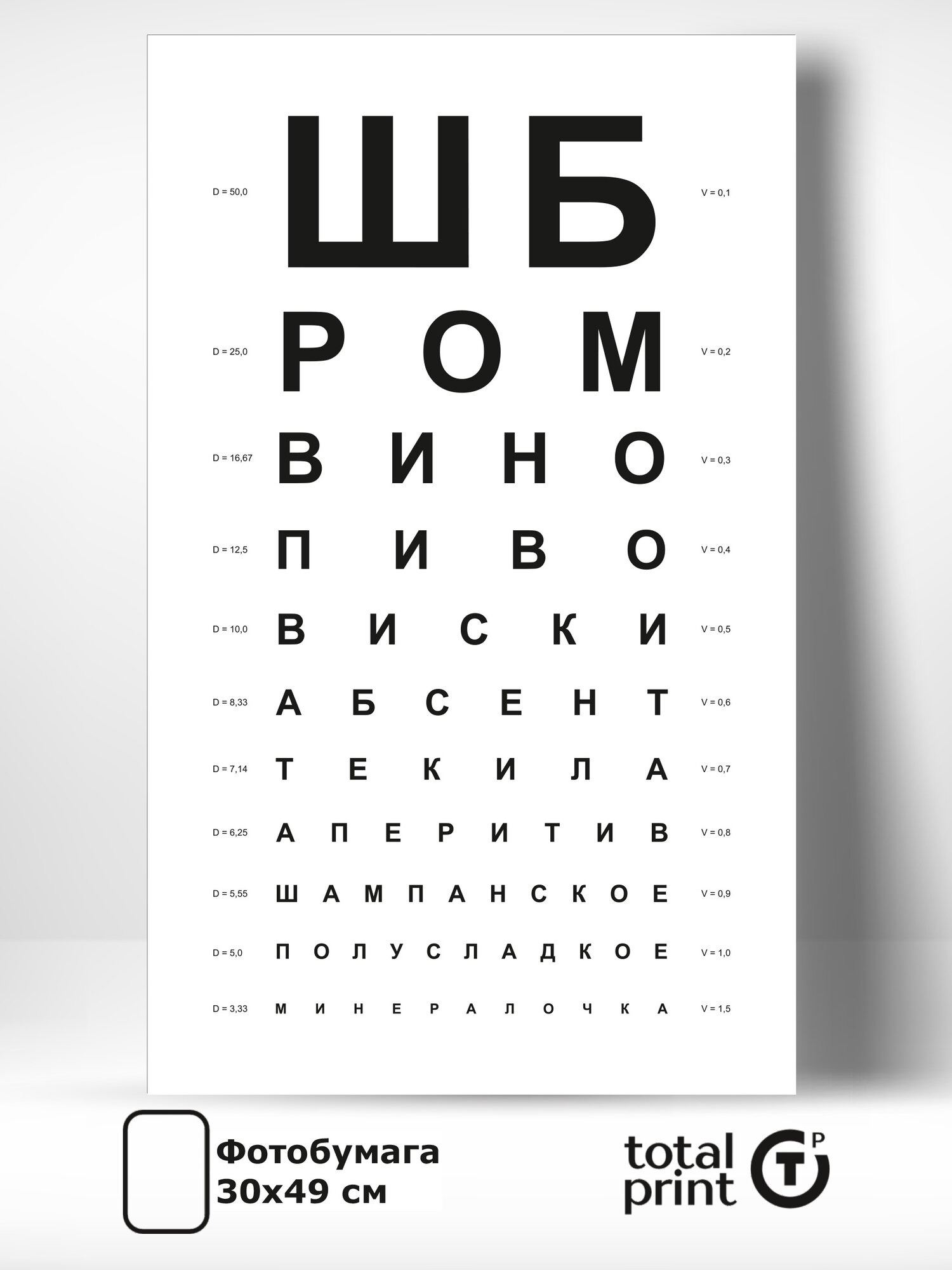 TotalPrint Постер для интерьера, таблица Сивцева для проверки зрения, шуточная, крепкий алкоголь, 30х49см.