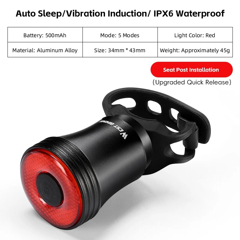 WEST BIKING Задний Велофонарь, Красный, 5 Modes, IPX6, 45g