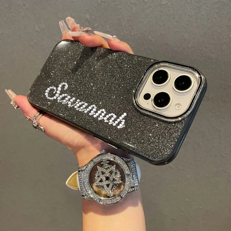 Черный чехол для iPhone 14 Pro Max с именем Savannah, стразы