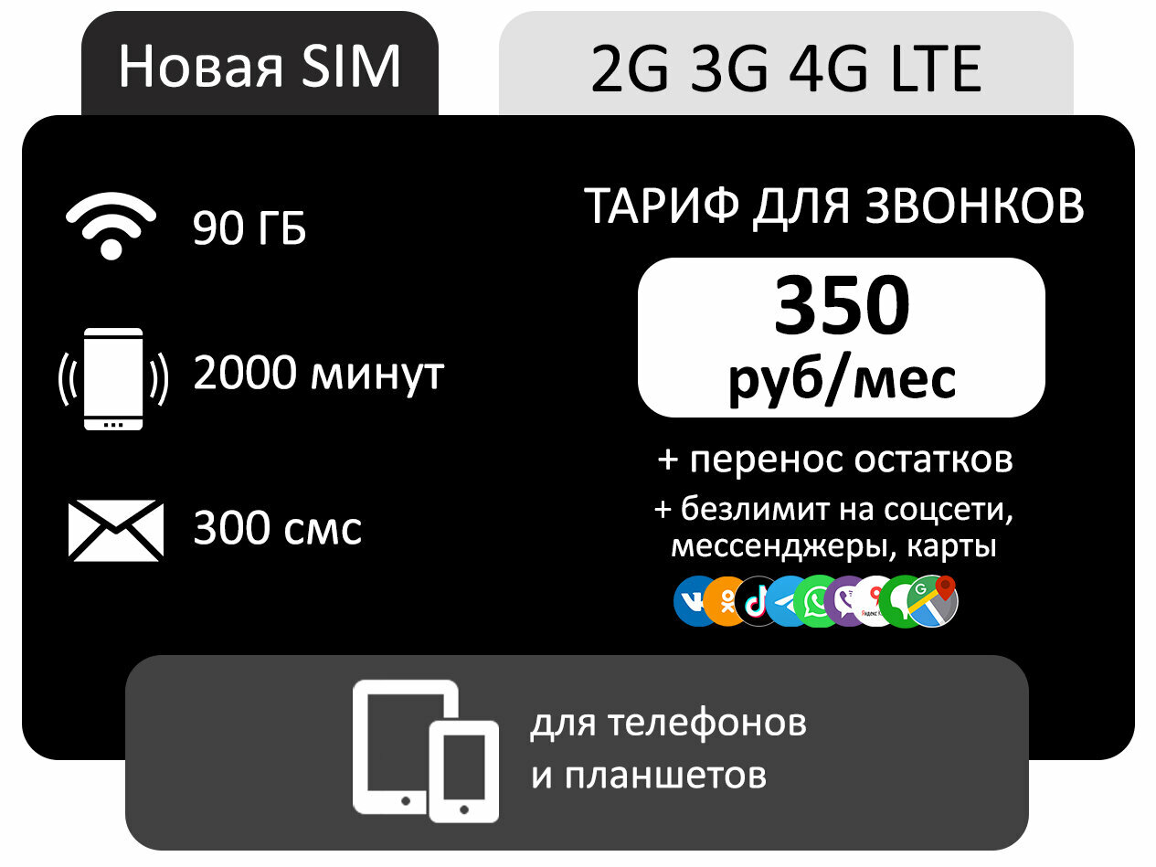Сим карта для звонков, интернета 2000 мин и 90 гб АП 350р