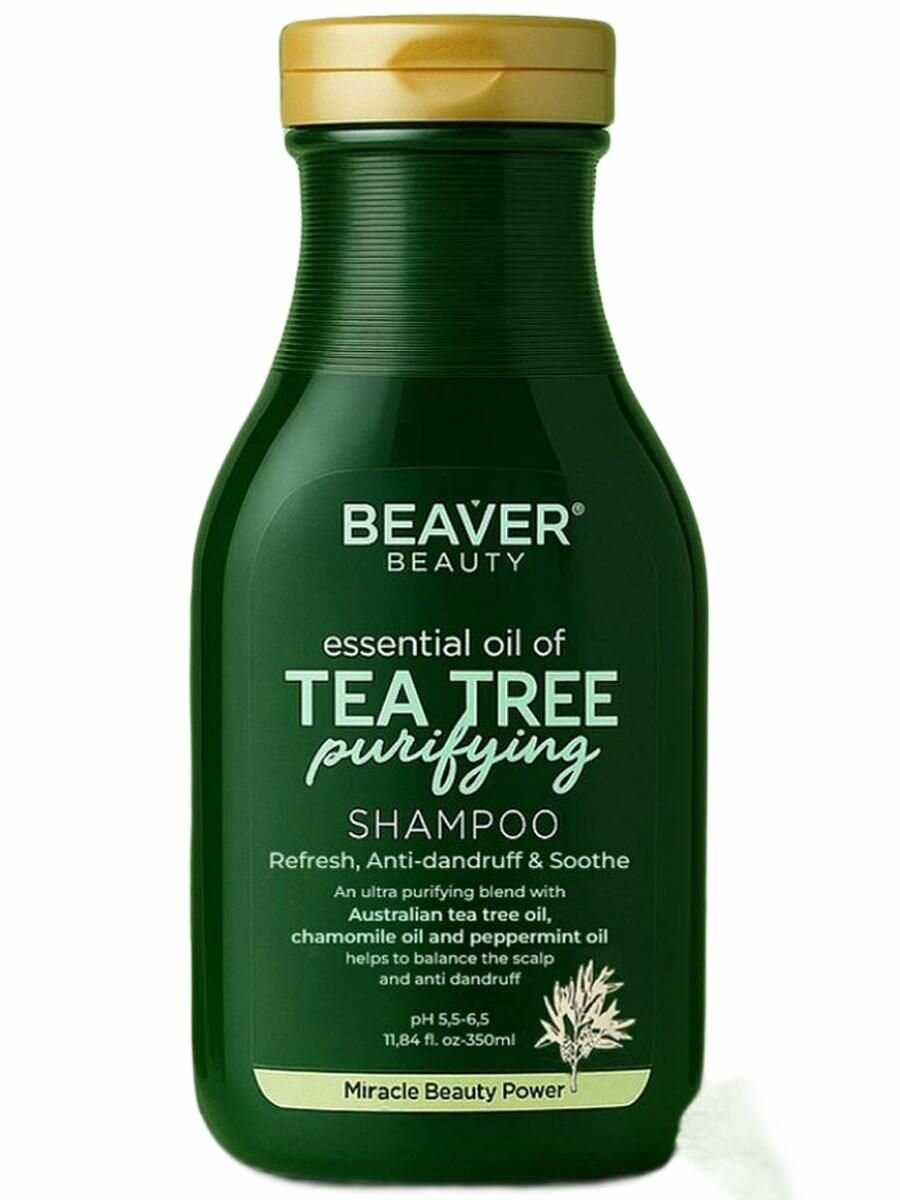 BEAVER Tea Tree освежающий шампунь для очищения кожи головы, 350 мл.