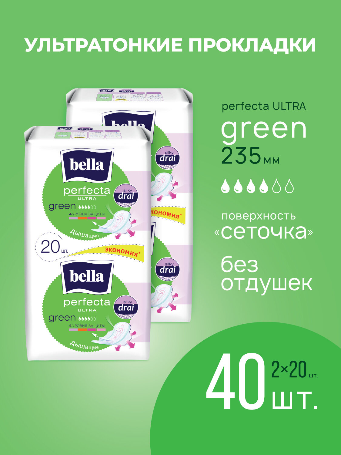 Прокладки женские ультратонкие сеточка bella Perfecta Ultra Green без аромата, 20 шт. х 2 уп./ 40 шт.