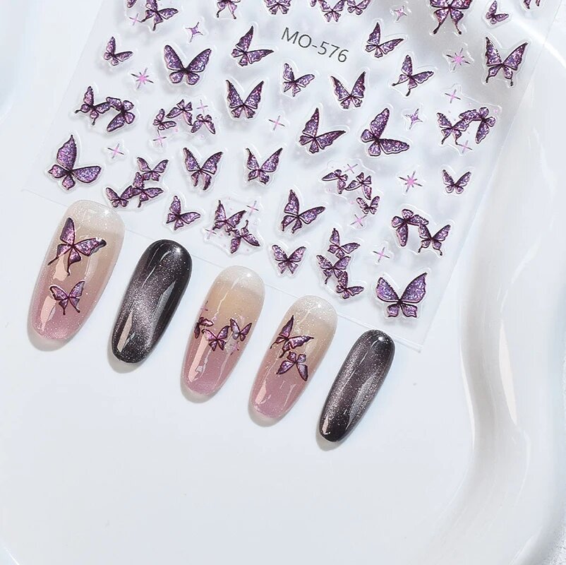 Объемные наклейки для ногтей Blue Pink Butterfly Фиолетовый, MO576