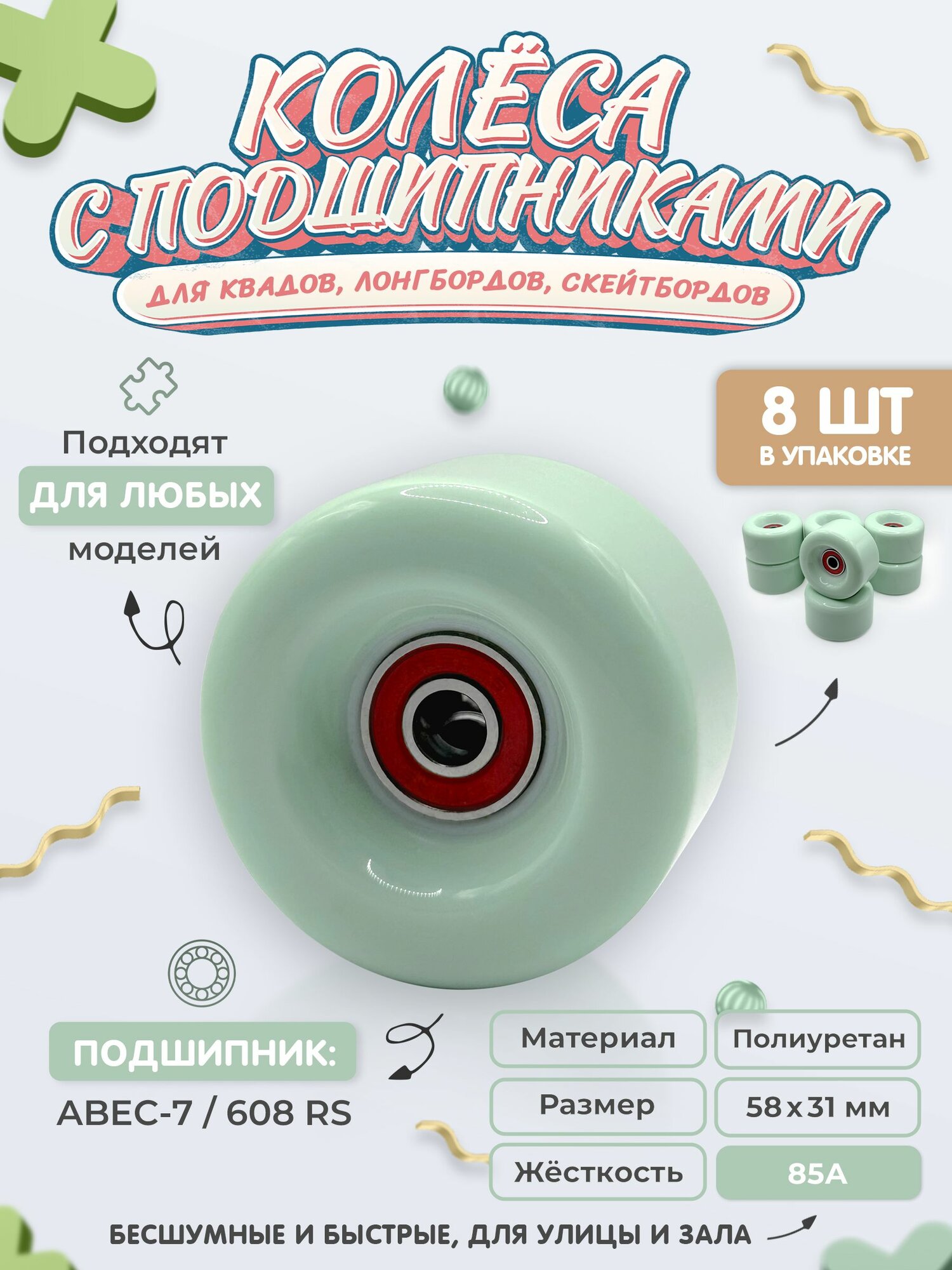 Колёса для квадов с подшипниками 4шт 58x31 мм, 85A, ABEC-7 / Колеса для скейтборда и лонгборда